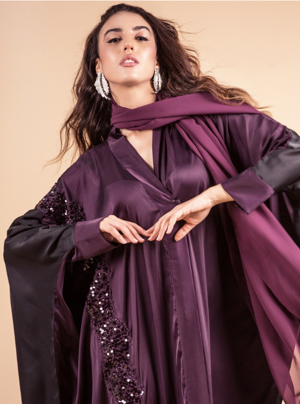 AW19/2 Abaya silk abaya two colors dark purple and black with sequence ...