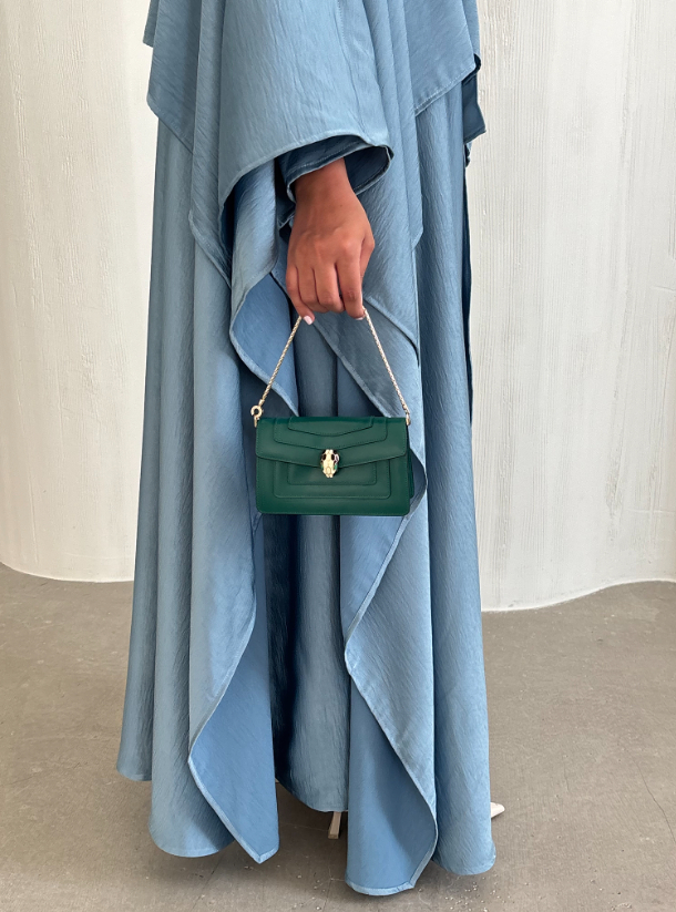 FLOWY SILK SET Flowy silk abaya with inner dress in blue and matching ...