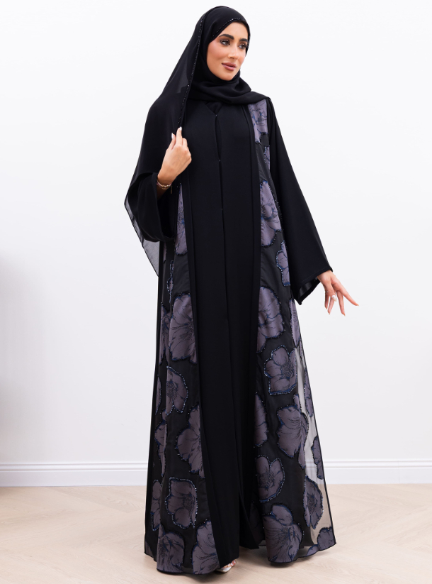 MAYS Black Nada abaya with floral panels and matching headscarf Abayas ...