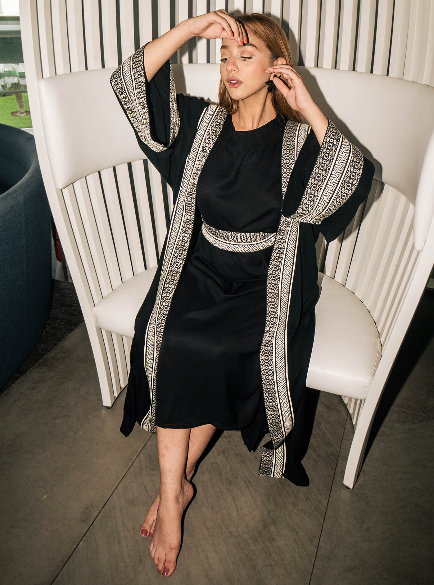 Abaya Set AS22 Black abaya set with brain decoration, inner dress, kimono sleeves , open on the ...