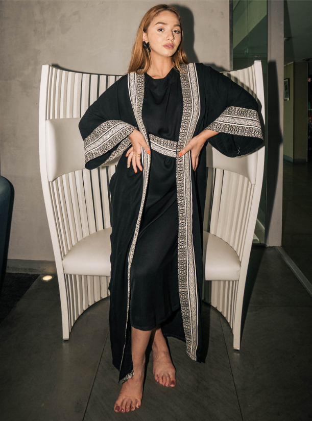 Abaya Set AS22 Black abaya set with brain decoration, inner dress, kimono sleeves , open on the ...