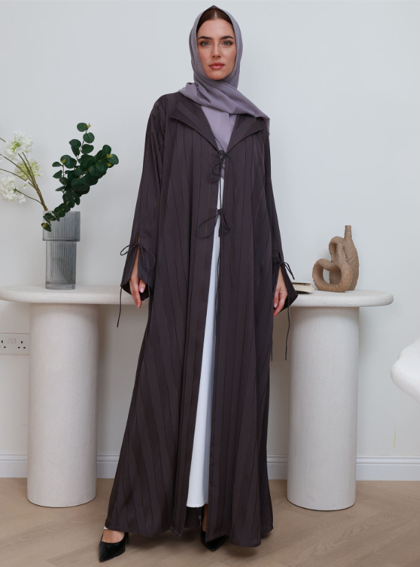 DUSK ELEGANCE Dark gray chiffon abaya with bows Abayas from Telal Femina at Boksha
