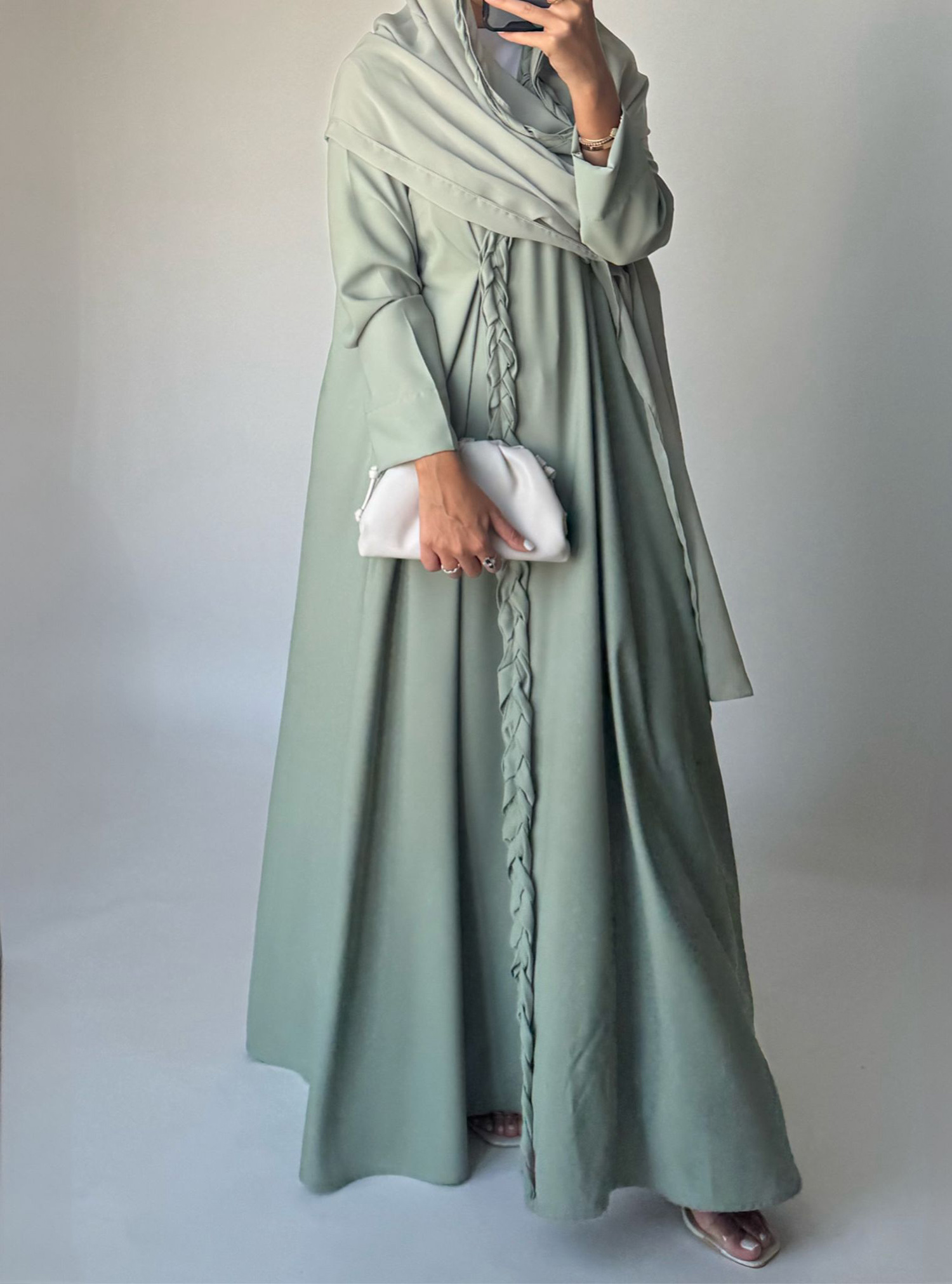 A461 Light Green Braided Crepe A-Cut Abaya with Matching Head Scarf Abayas from Alef at Boksha