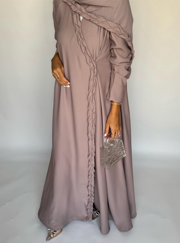 A462 Taupe Braided Crepe A-Cut Abaya with Matching Head Scarf Abayas from Alef at Boksha