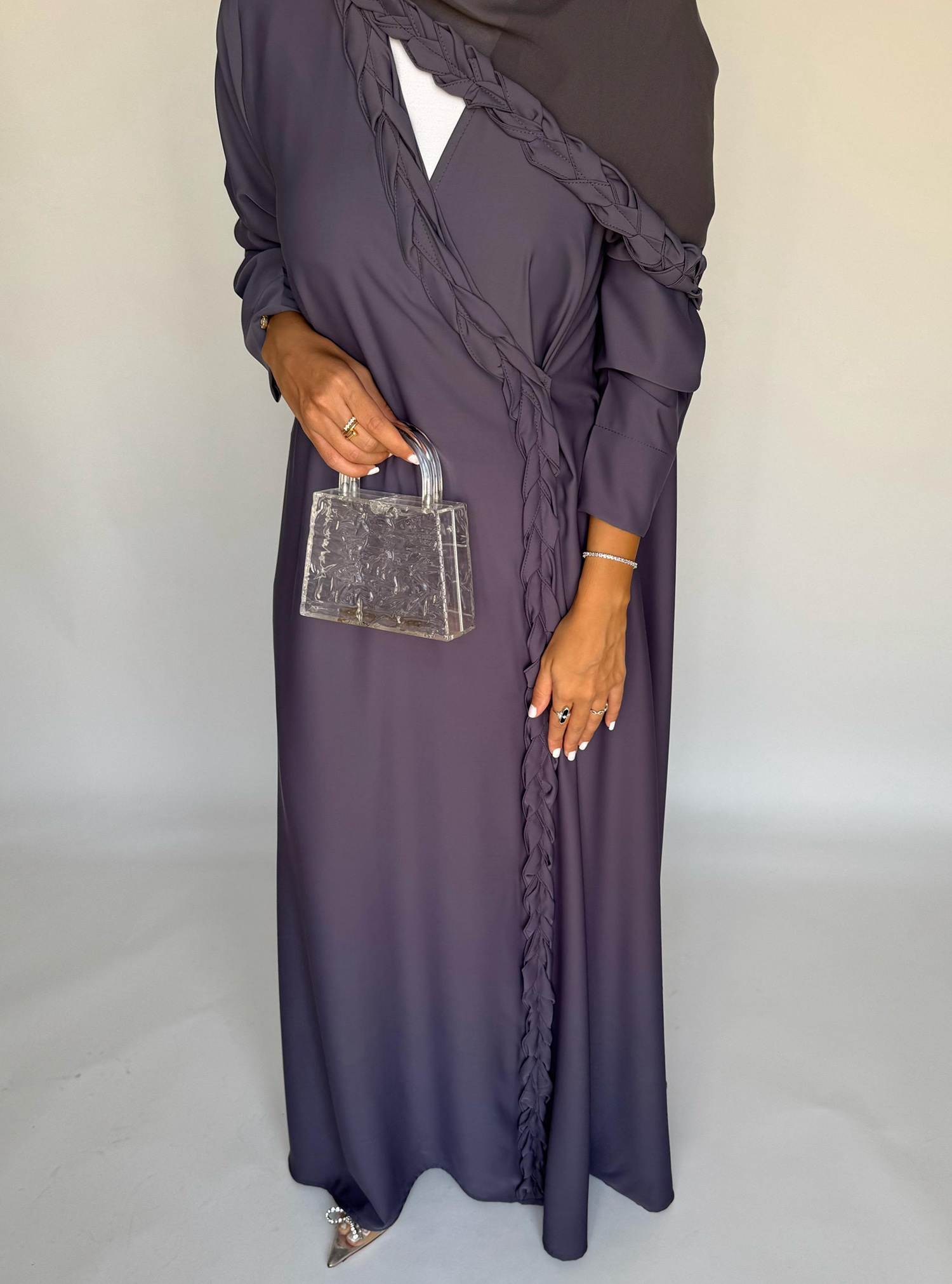 A464 Gray Braided Crepe A-Cut Abaya with Matching Head Scarf Abayas from Alef at Boksha