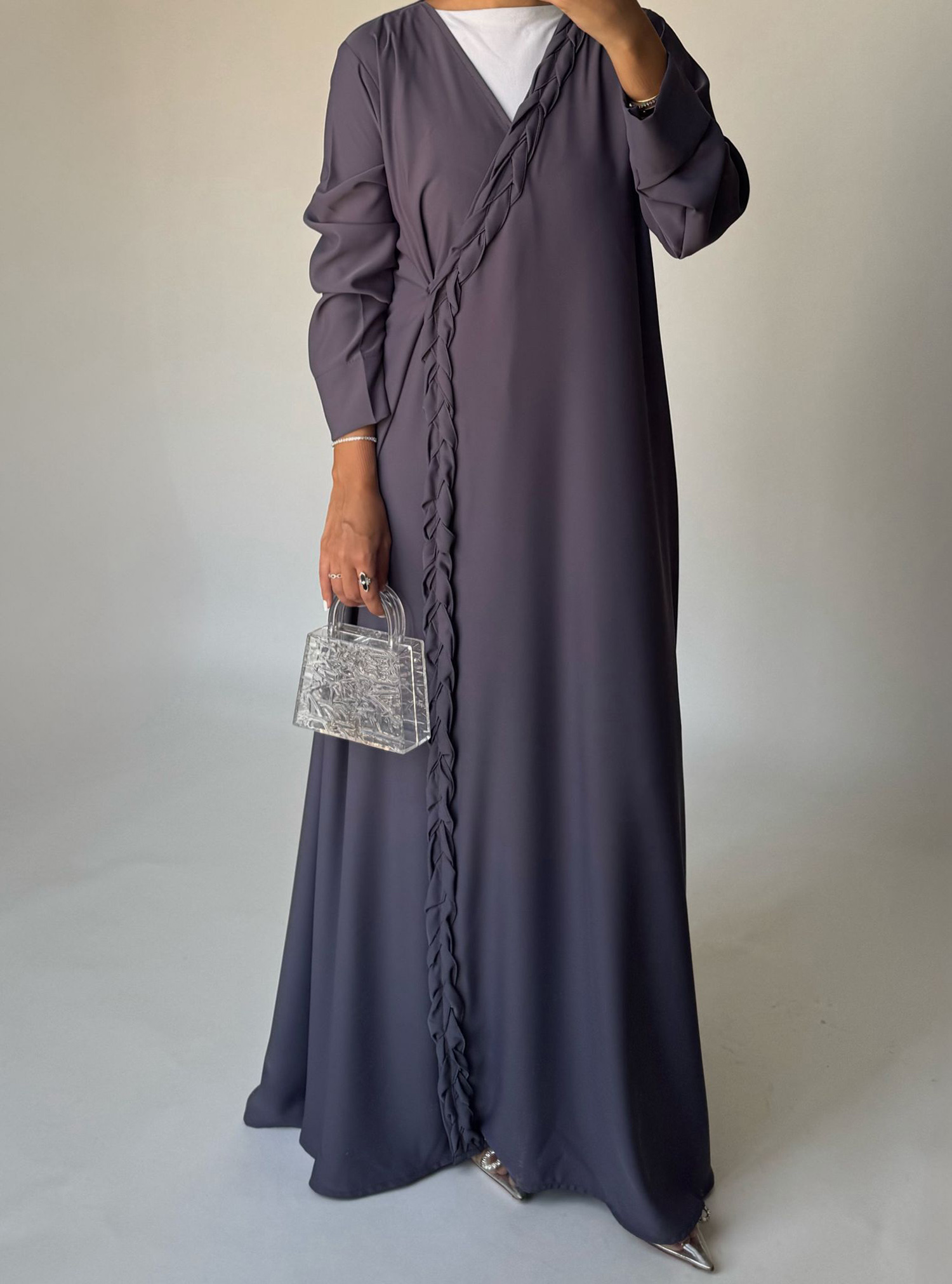 A464 Gray Braided Crepe A-Cut Abaya with Matching Head Scarf Abayas from Alef at Boksha