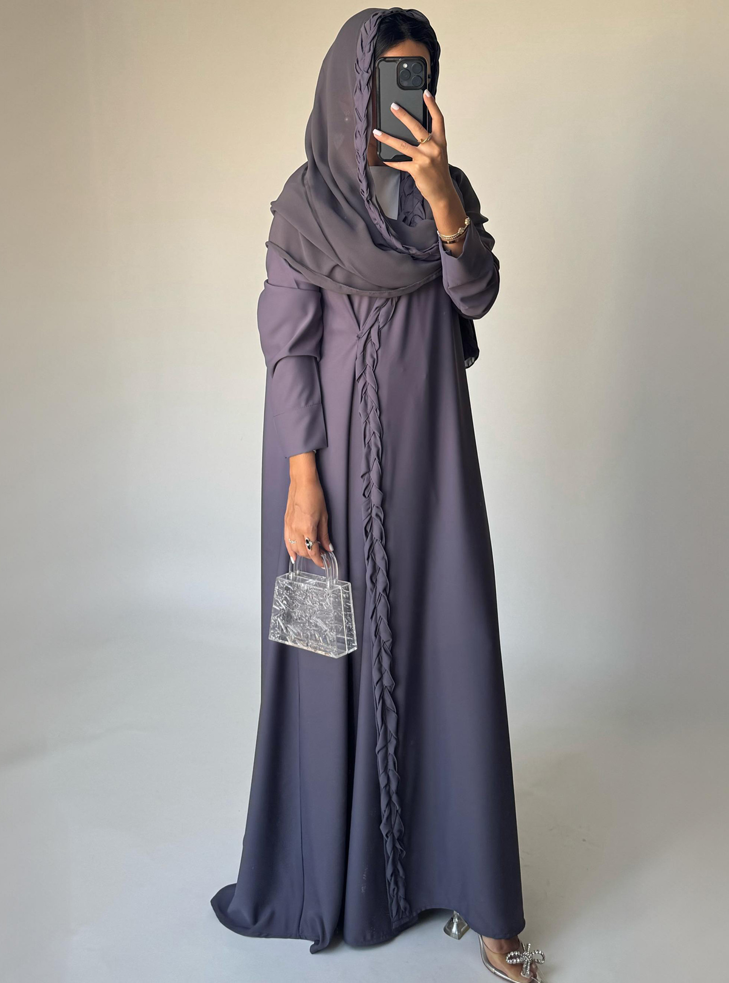 A464 Gray Braided Crepe A-Cut Abaya with Matching Head Scarf Abayas from Alef at Boksha