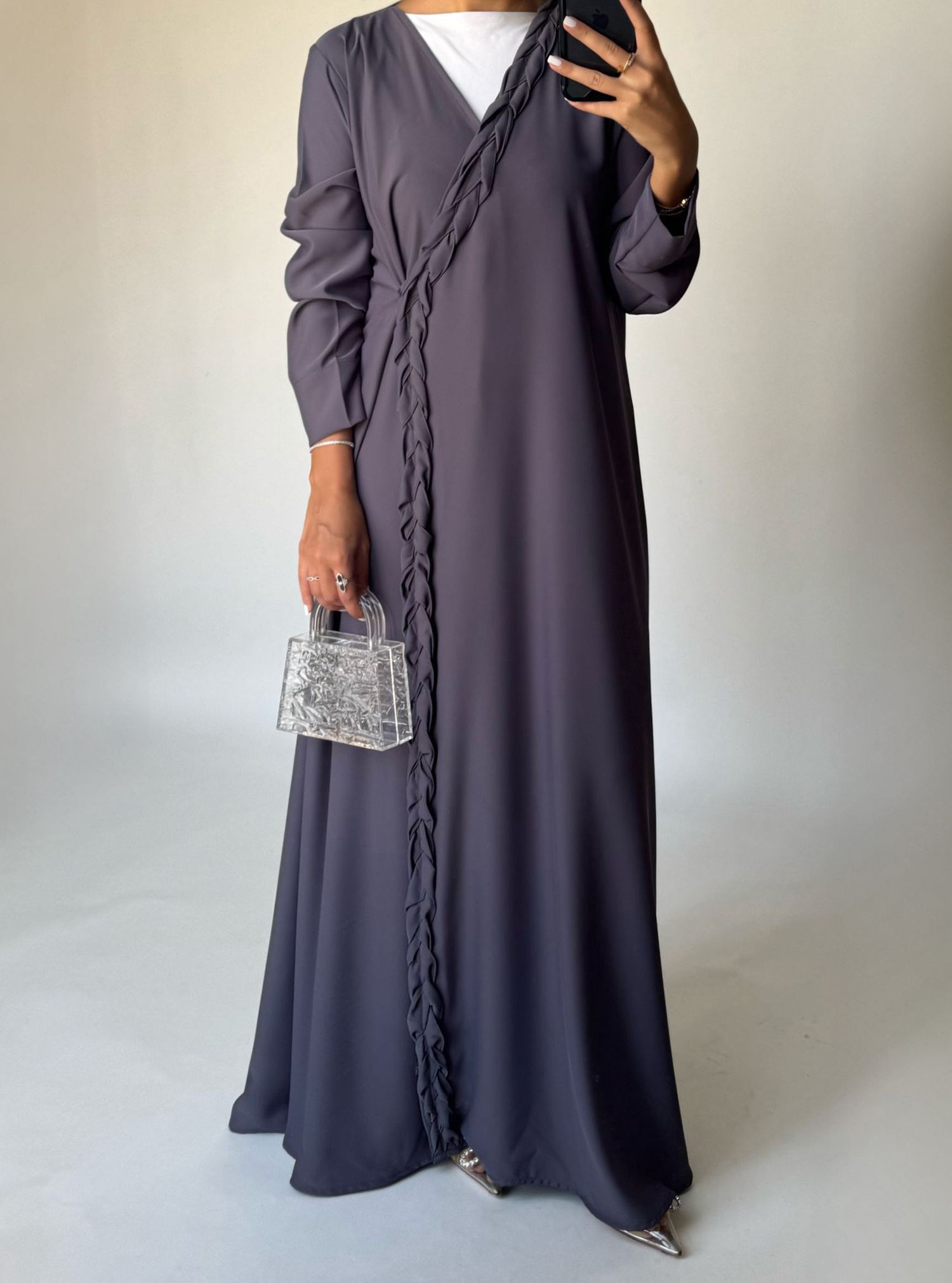 A464 Gray Braided Crepe A-Cut Abaya with Matching Head Scarf Abayas from Alef at Boksha