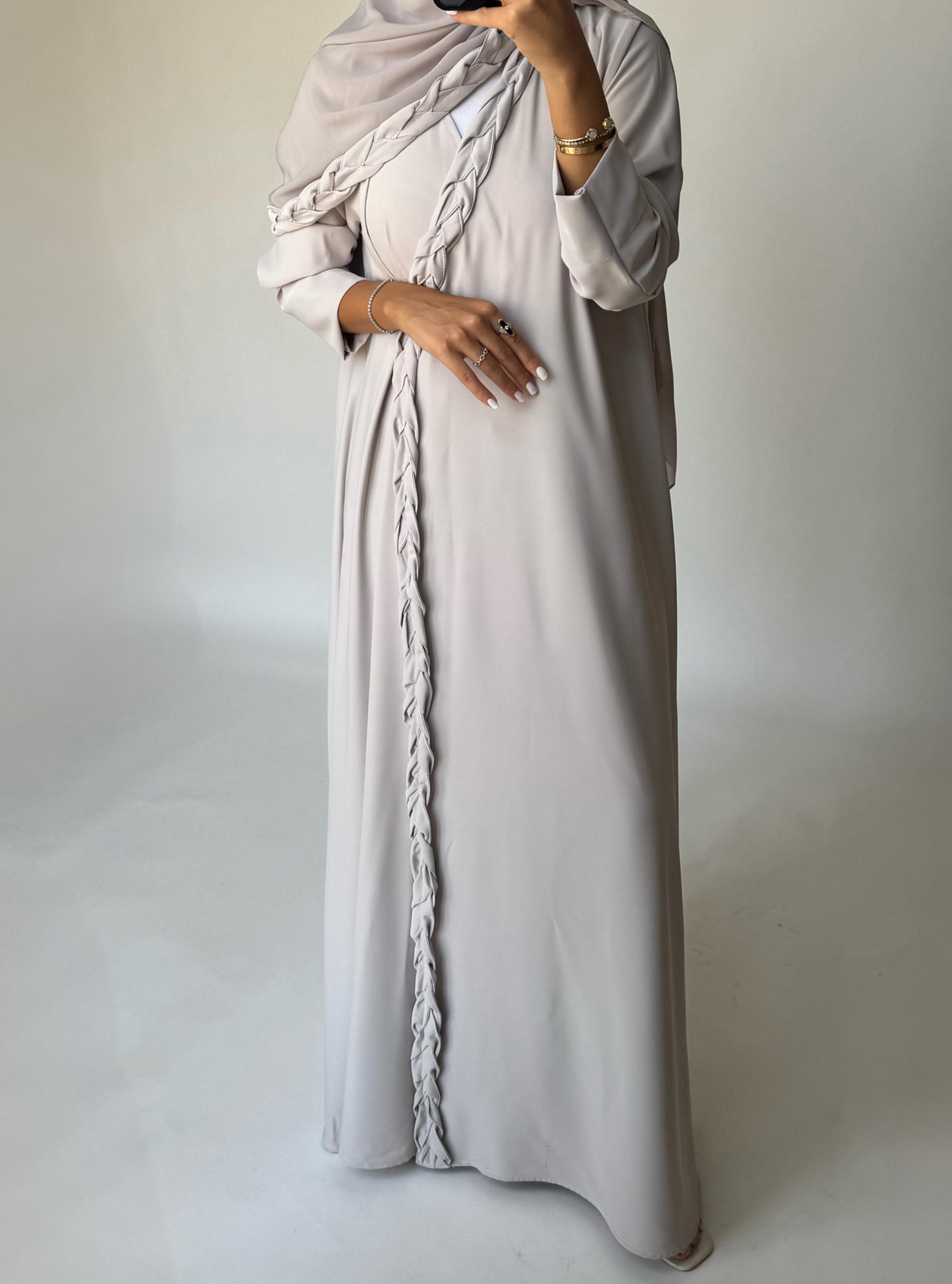 A465 Dusty Cream Braided Crepe A-Cut Abaya with Matching Head Scarf Abayas from Alef at Boksha
