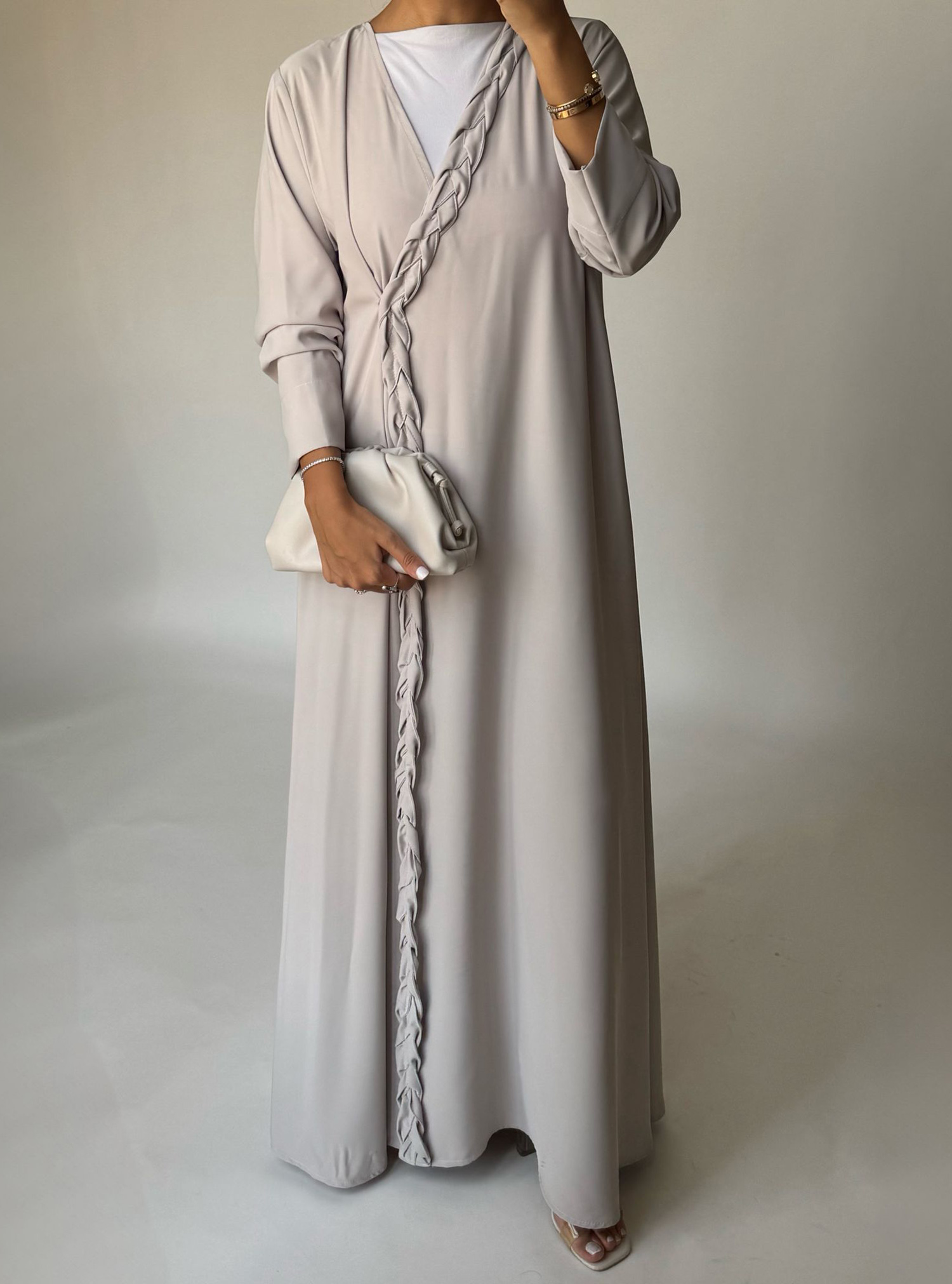 A465 Dusty Cream Braided Crepe A-Cut Abaya with Matching Head Scarf Abayas from Alef at Boksha