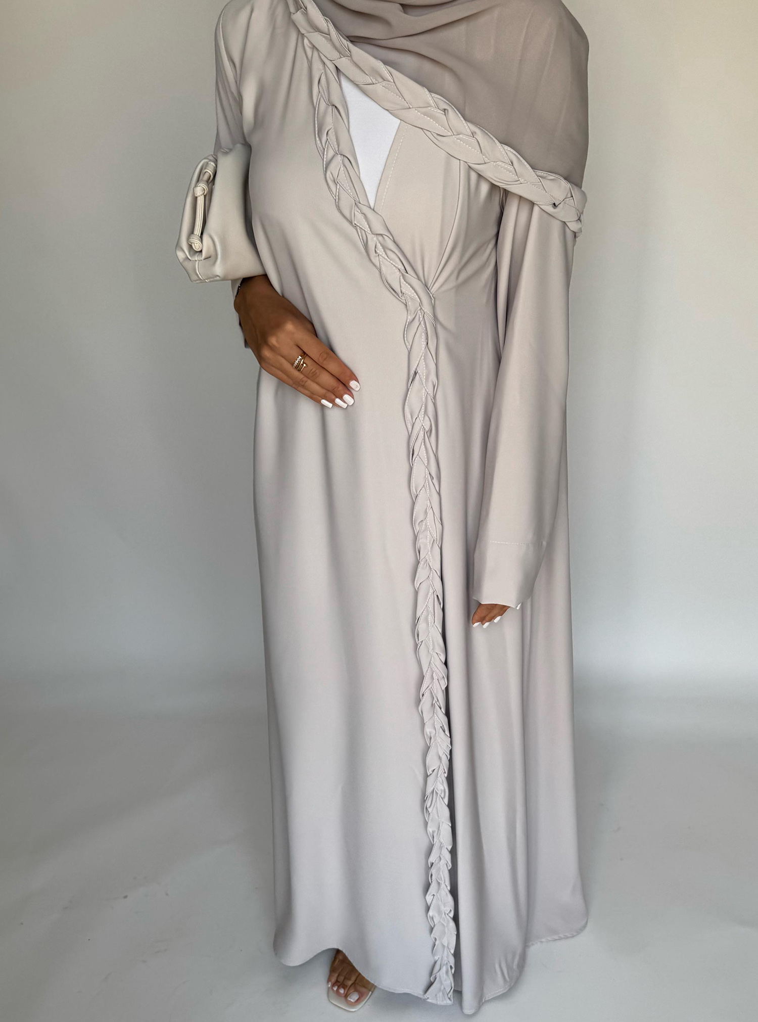 A465 Dusty Cream Braided Crepe A-Cut Abaya with Matching Head Scarf Abayas from Alef at Boksha