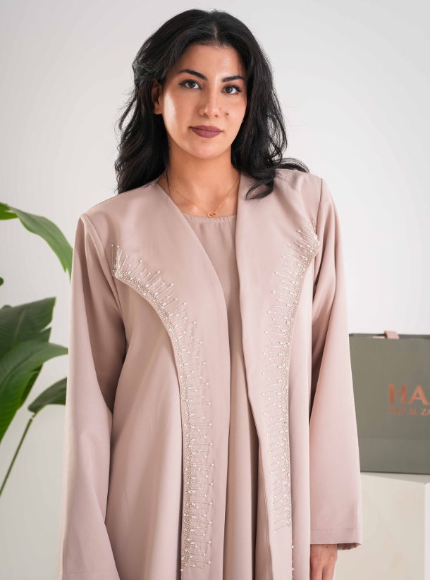 HAZ LAMSET Beige Barbie Fabric Abaya with Handwork Abayas from HAZ at ...