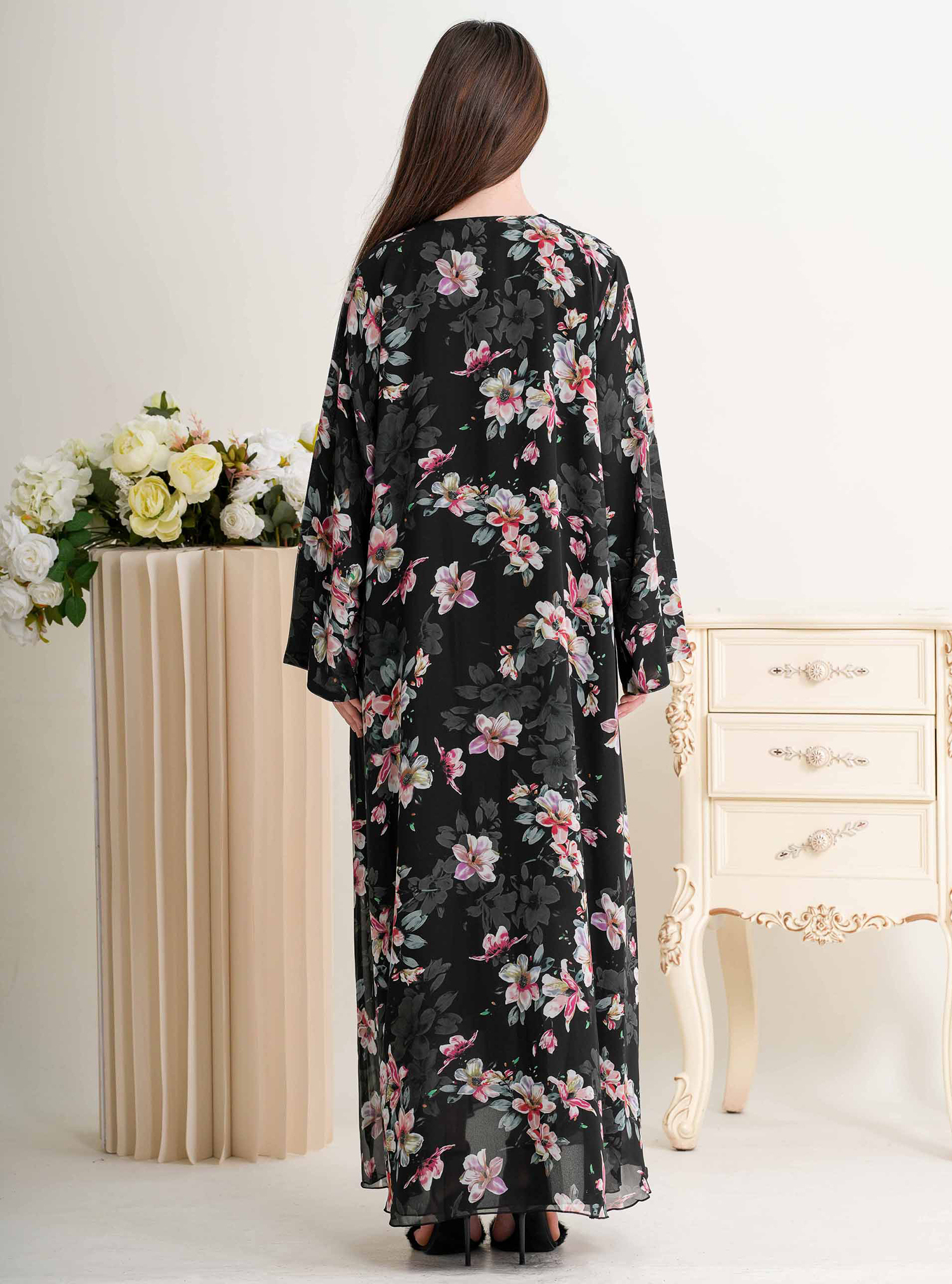 Lail-4K2III4 Self Printed Double Chiffon Abaya with Matching Headscarf ...