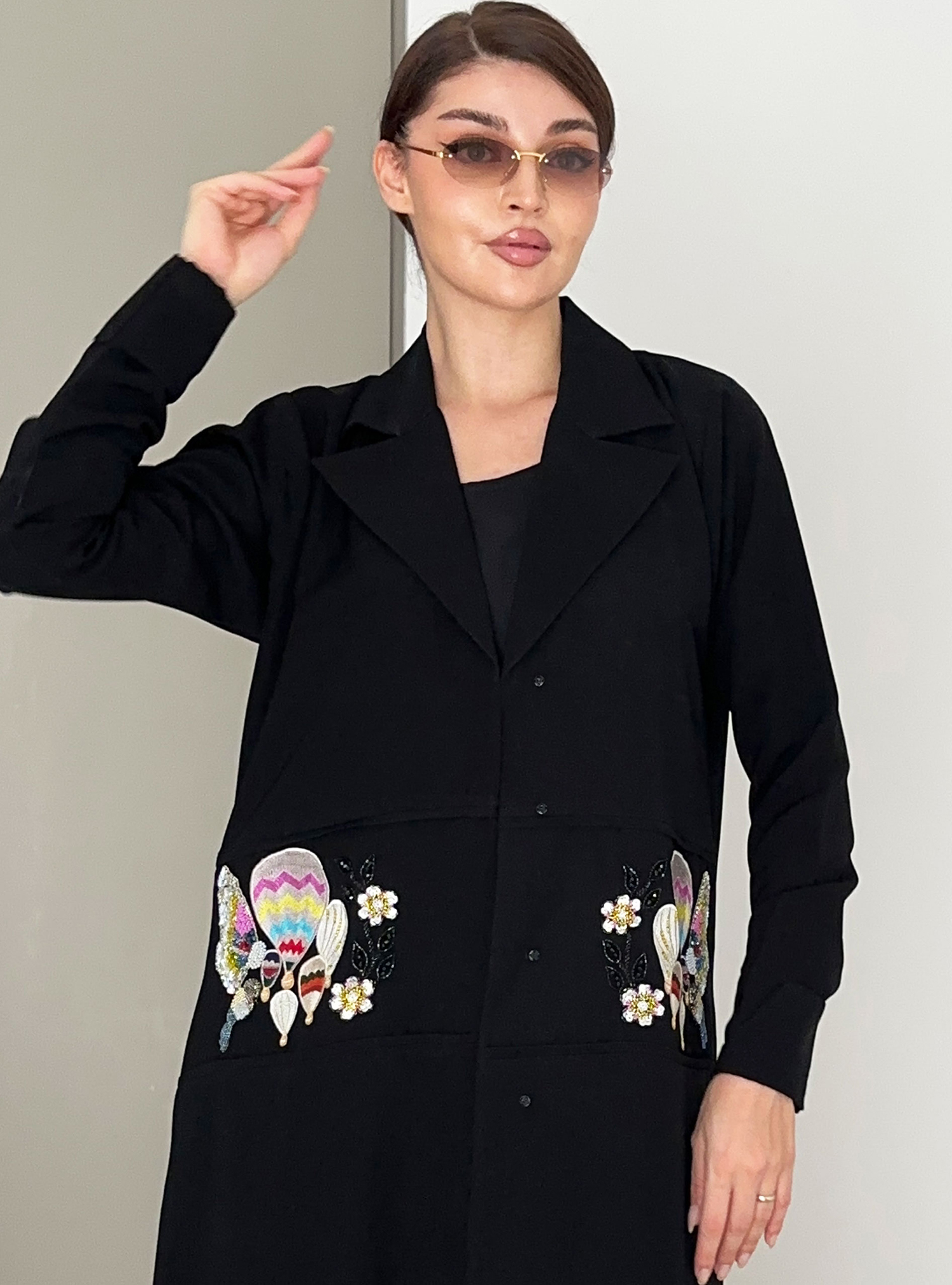 Black-R-202575 Elegant Blazer Style Abaya with Fantasy Embroidery ...