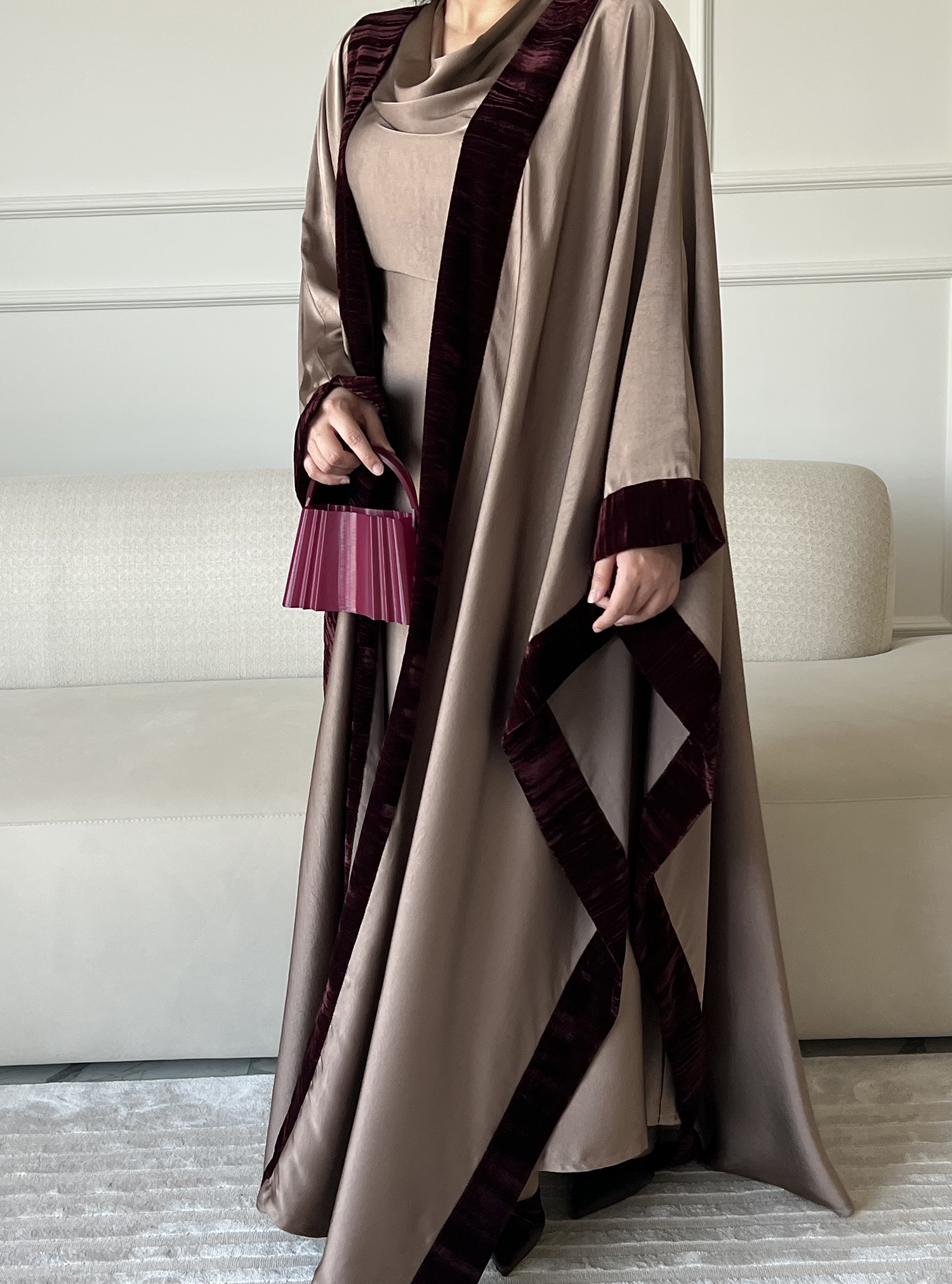 DN221 Flowy silk abaya in brown with maroon velvet border. Comes with a ...