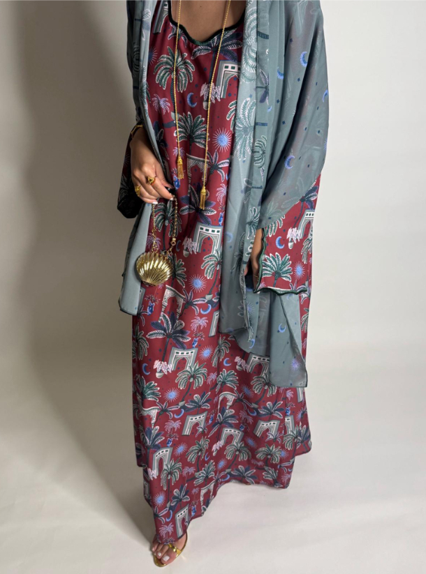 A517 Maroon & Green Moon & Palm Tree Pattern Jalabiya with Matching ...