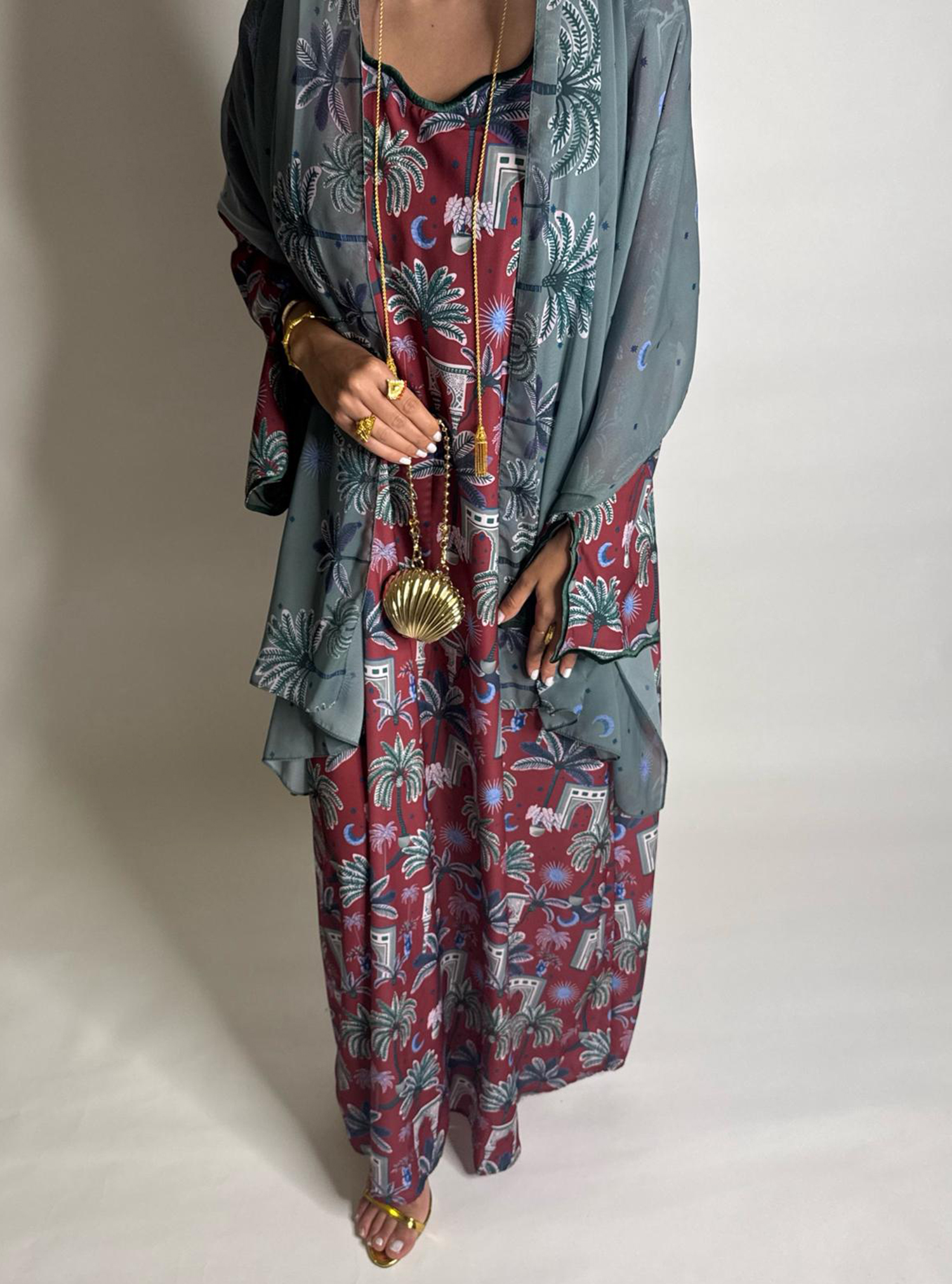 A517 Maroon & Green Moon & Palm Tree Pattern Jalabiya with Matching ...