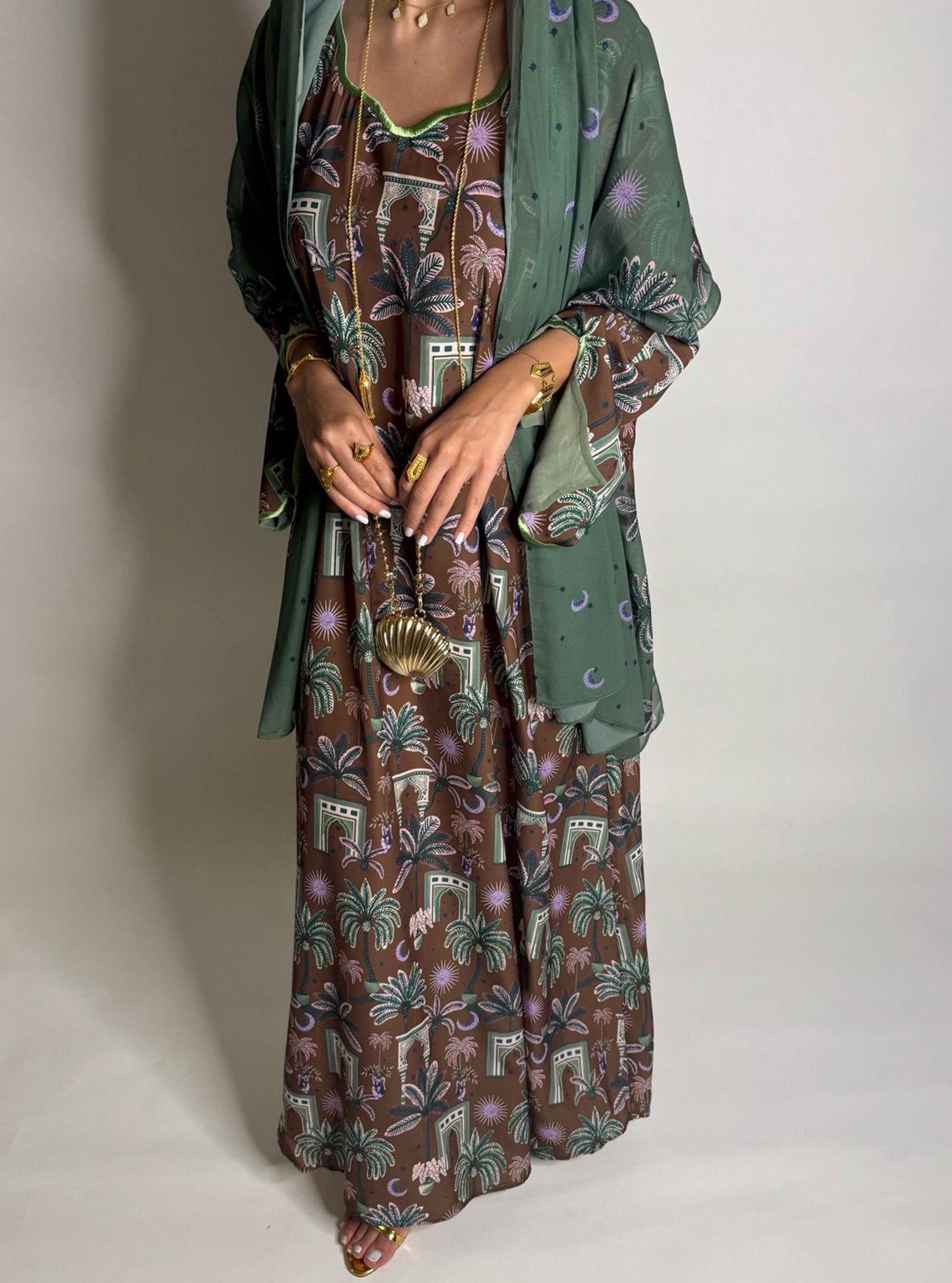 A518 Brown & Green Moon & Palm Tree Pattern Jalabiya with Matching ...