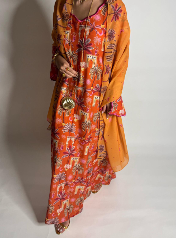 A519 Orange & Pink Moon & Palm Tree Pattern Jalabiya with Matching ...