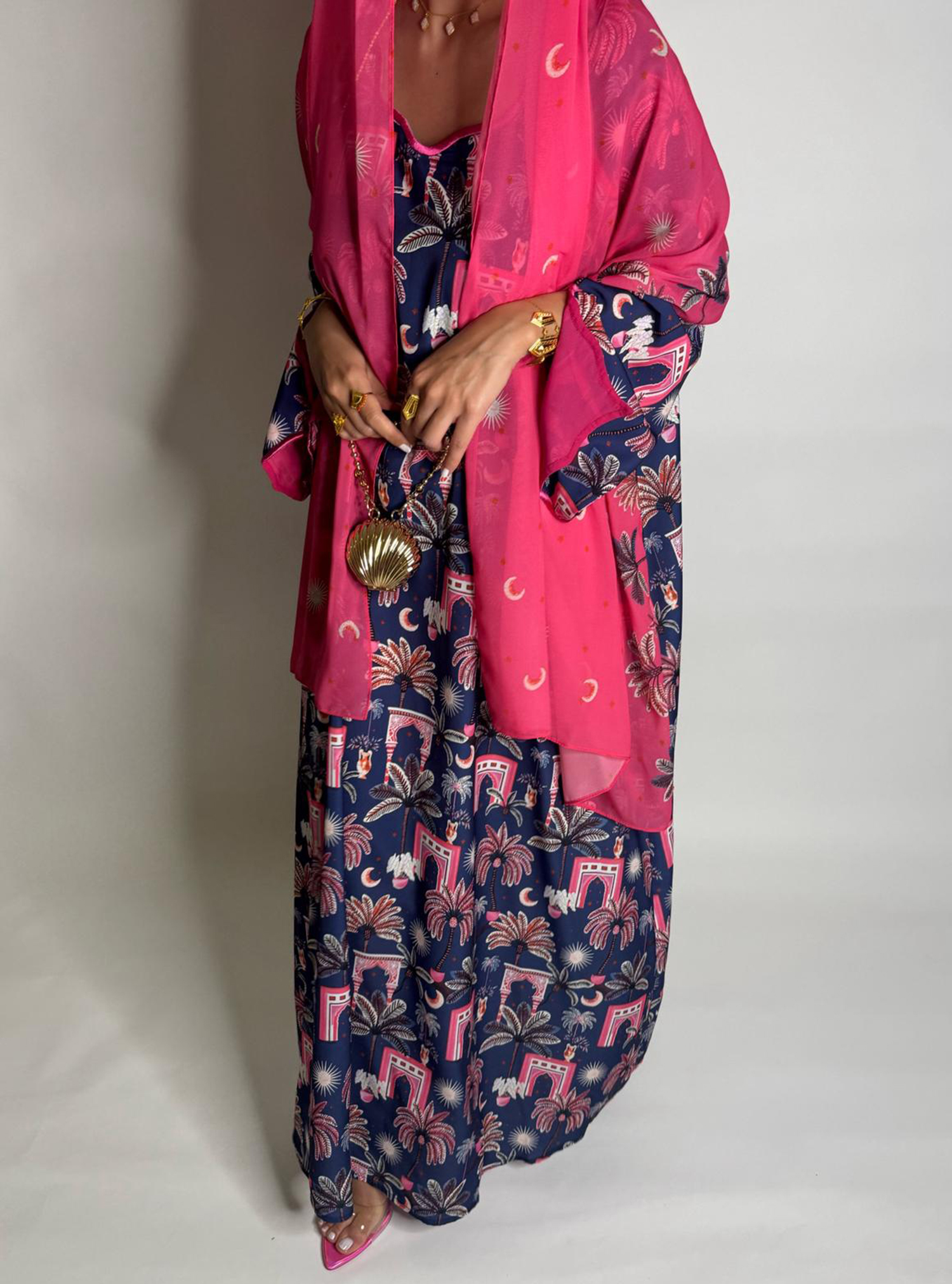 A520 Navy Blue & Pink Moon & Palm Tree Pattern Jalabiya with Matching ...