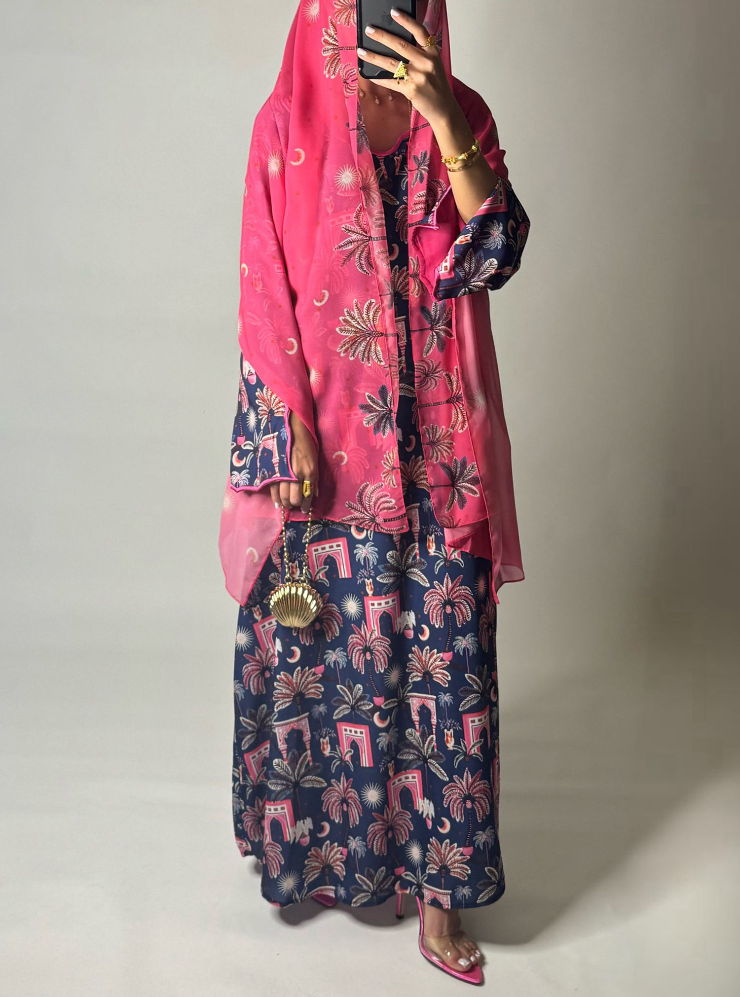 A520 Navy Blue & Pink Moon & Palm Tree Pattern Jalabiya with Matching ...