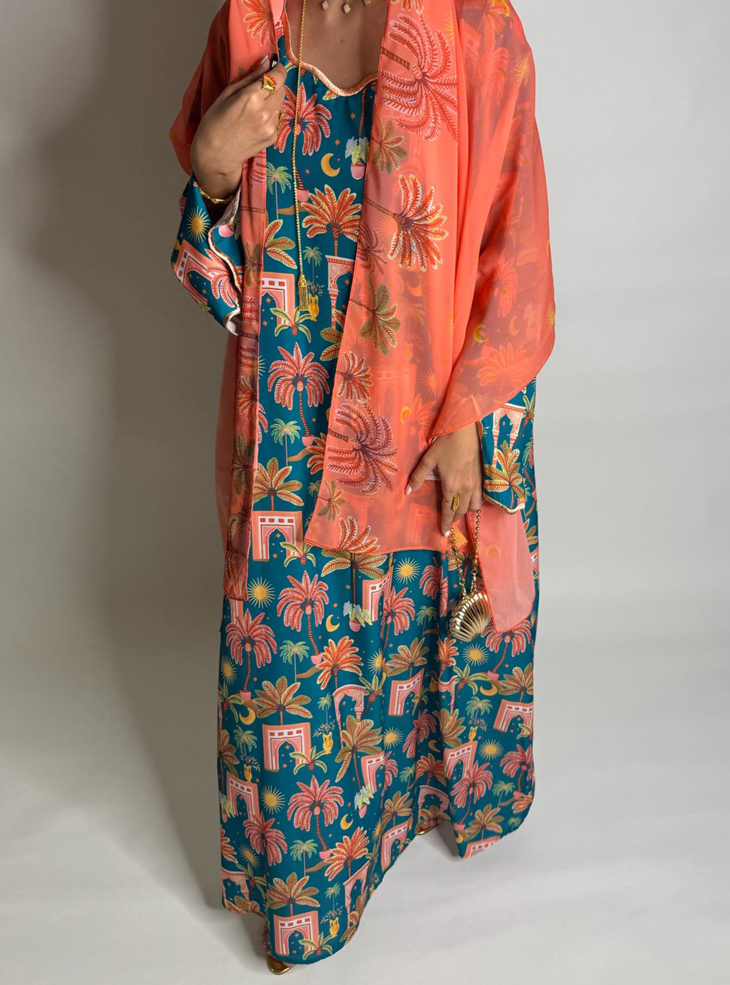 A521 Blue & Peach Moon & Palm Tree Pattern Jalabiya with Matching Peach ...