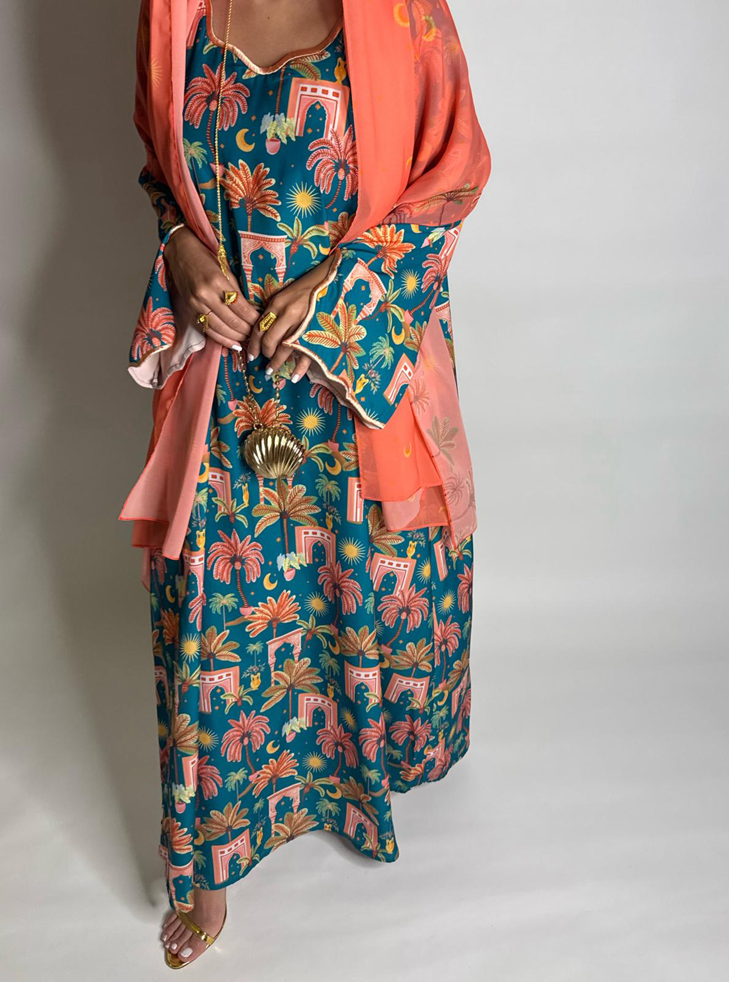 A521 Blue & Peach Moon & Palm Tree Pattern Jalabiya with Matching Peach ...