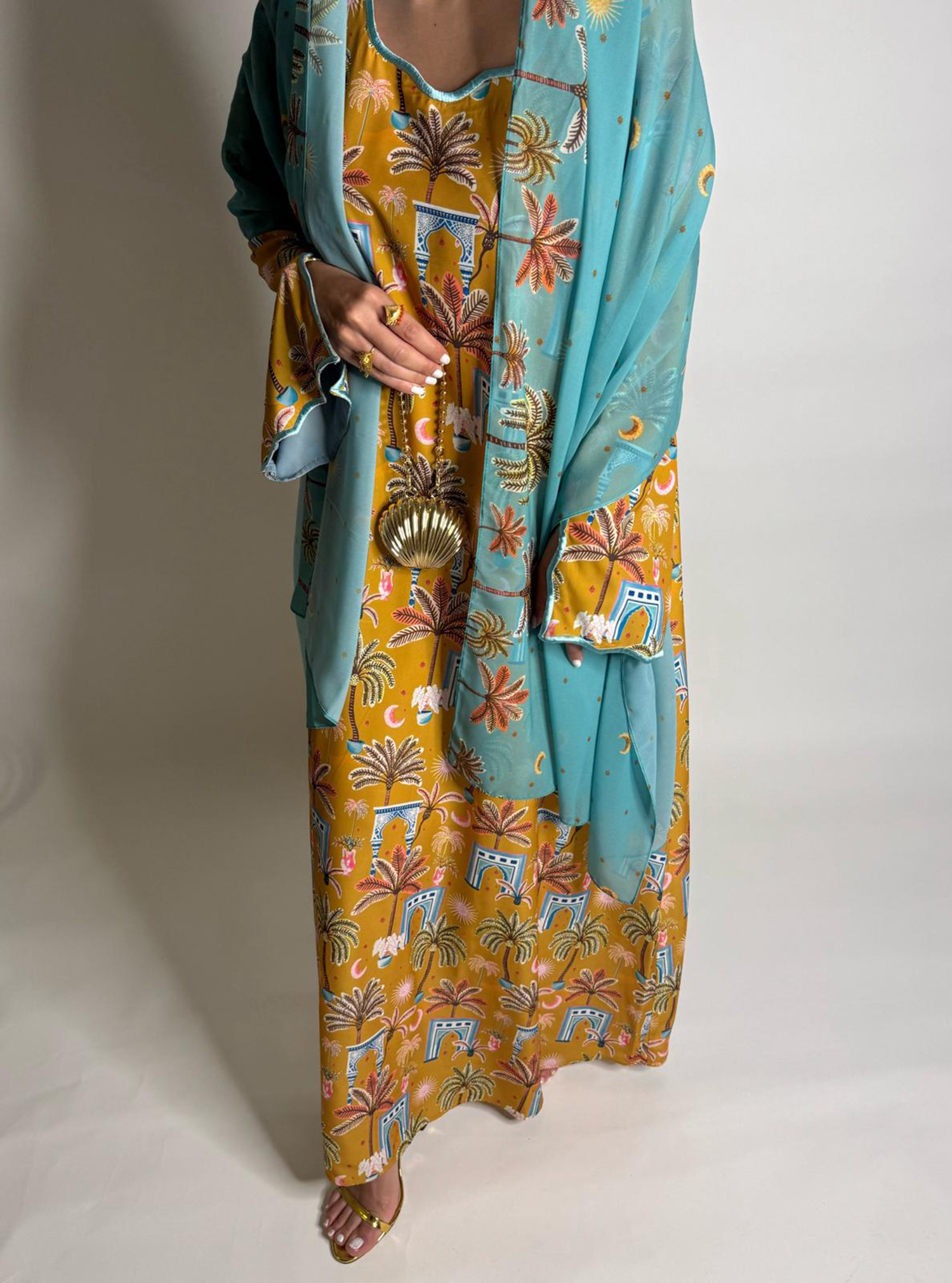 A522 Yellow & Blue Moon & Palm Tree Pattern Jalabiya with Matching Blue ...