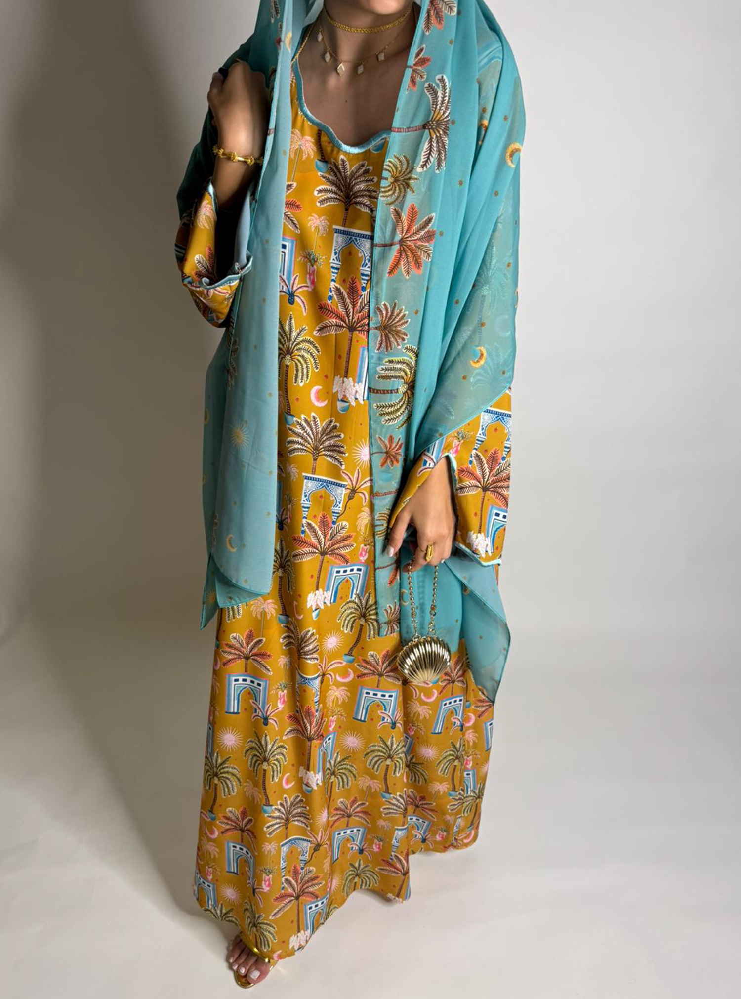 A522 Yellow & Blue Moon & Palm Tree Pattern Jalabiya with Matching Blue ...