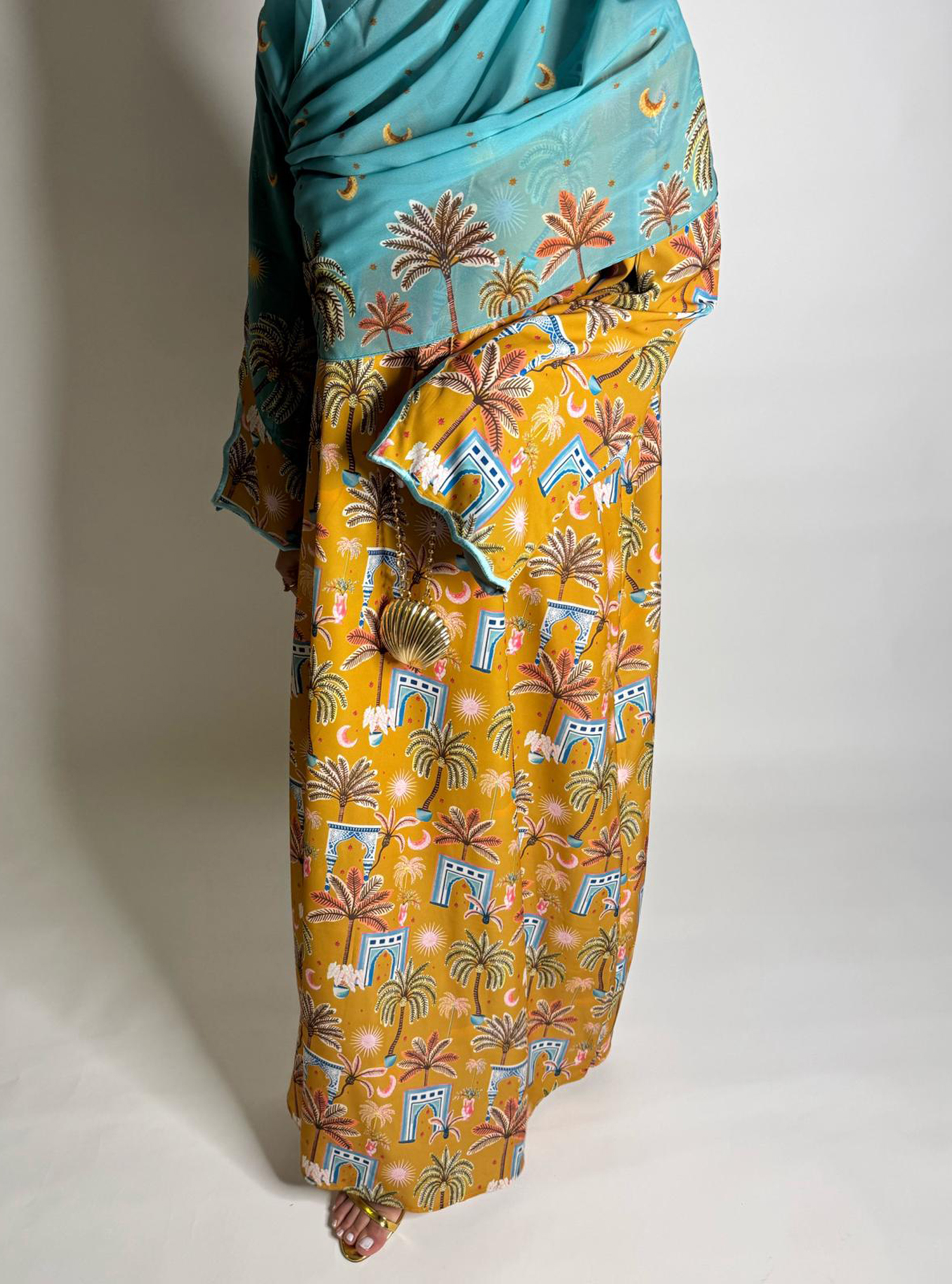 A522 Yellow & Blue Moon & Palm Tree Pattern Jalabiya with Matching Blue ...