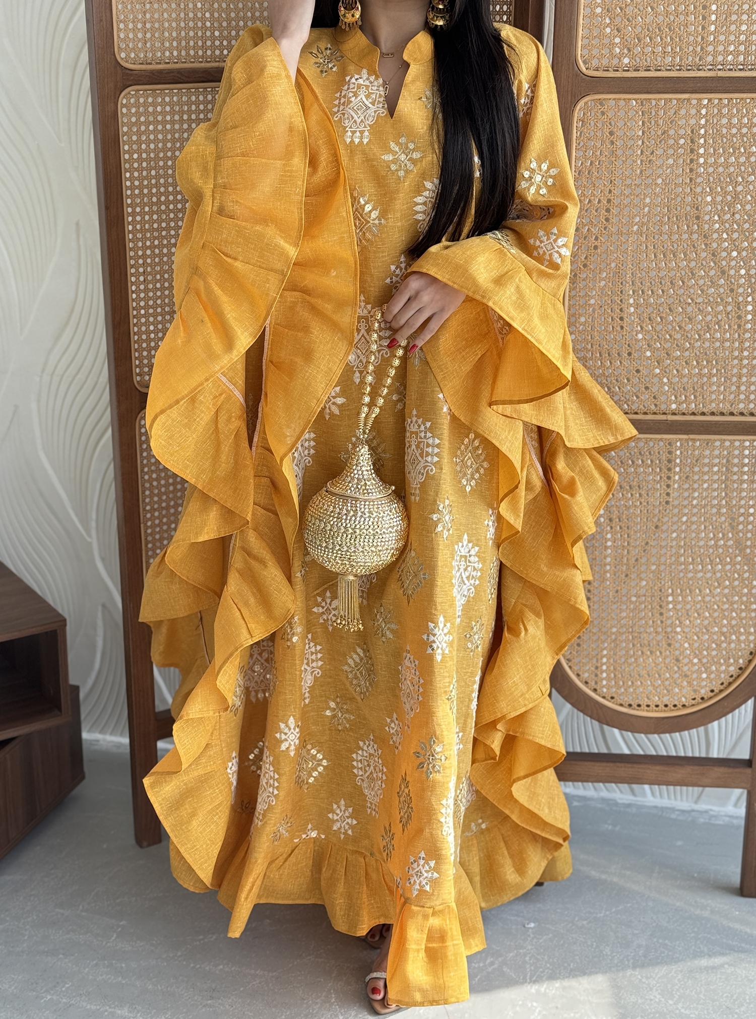 FAB274 Mustard Yellow Linen Embroidered Butterfly-Cut Jalabiya with ...