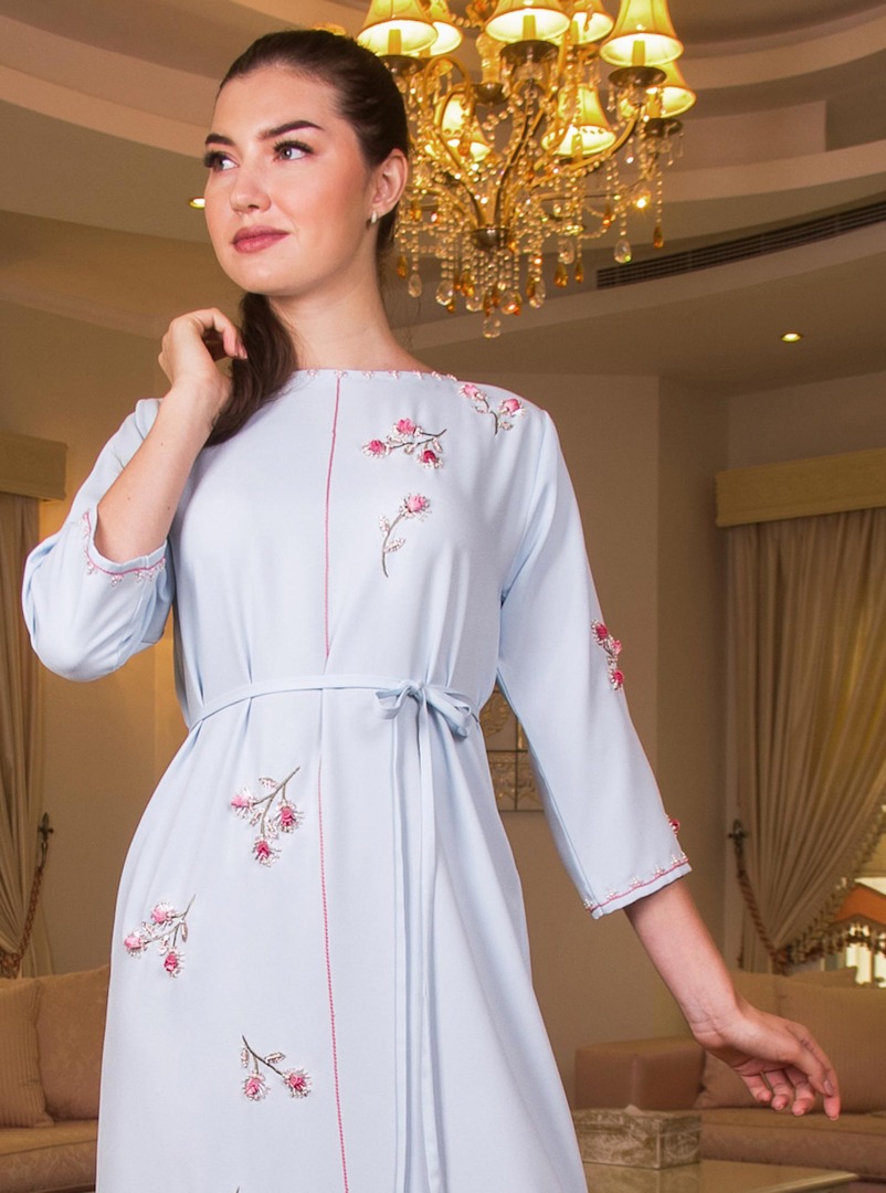 Pink Roses Beautiful baby blue pink roses embroidered crepe jalabiya ...