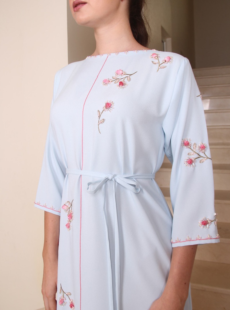 Pink Roses Beautiful baby blue pink roses embroidered crepe jalabiya ...