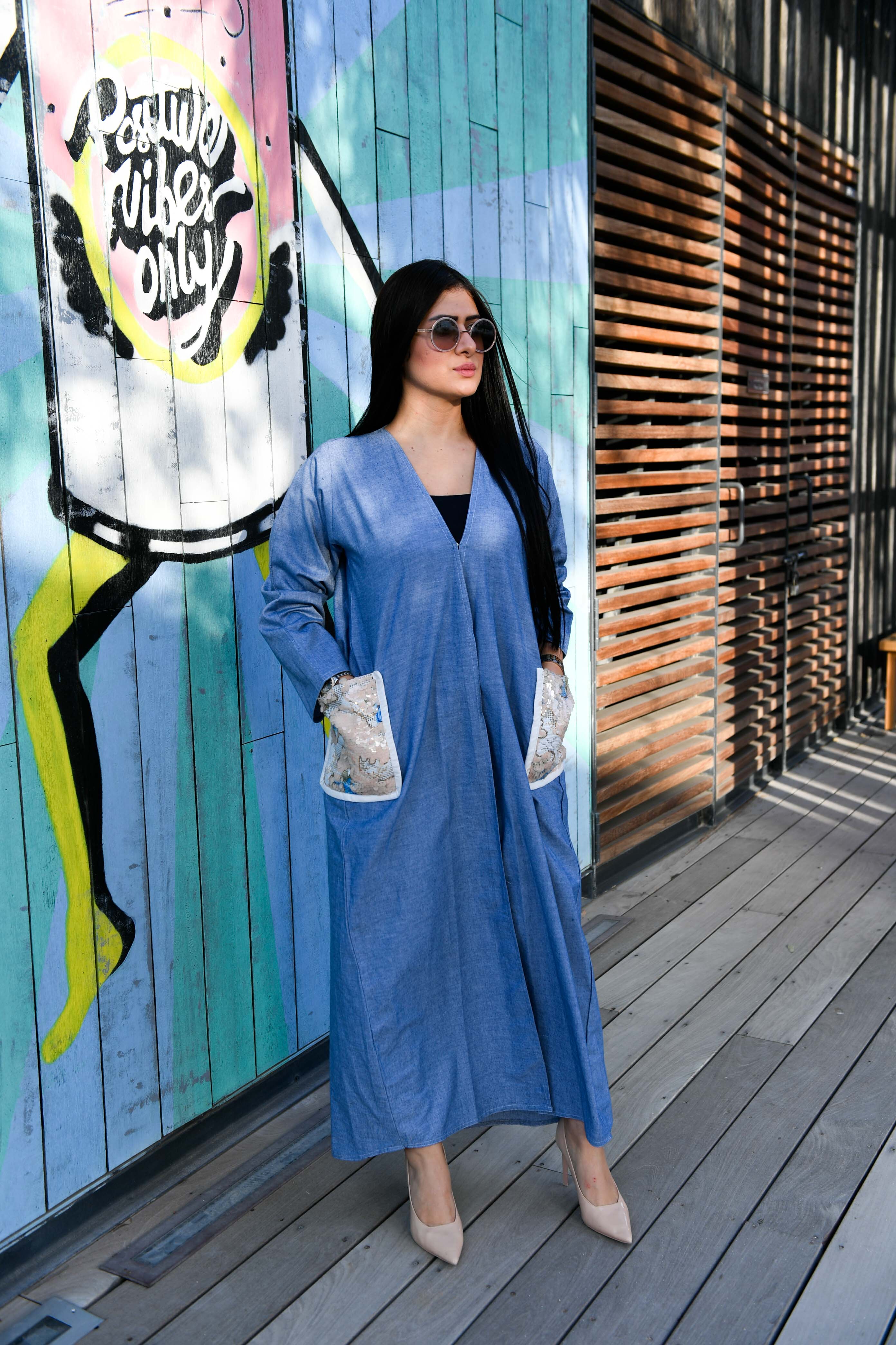 Jeans Abaya Denim open-front abaya featuring a peach sequin-embellished ...