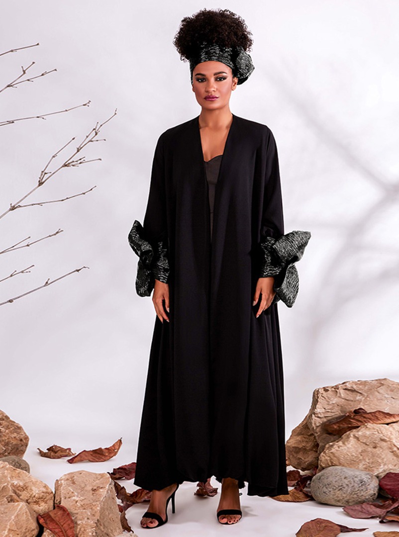 SS20 L-AS003 Black crepe abaya with metallic silver & black jacquard ...