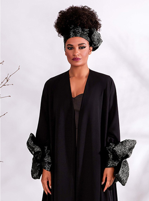 SS20 L-AS003 Black crepe abaya with metallic silver & black jacquard ...