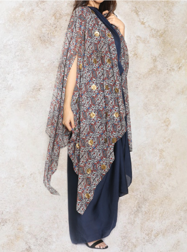 Midnight gale 2-piece set that includes a navy blue off shoulder drape ...