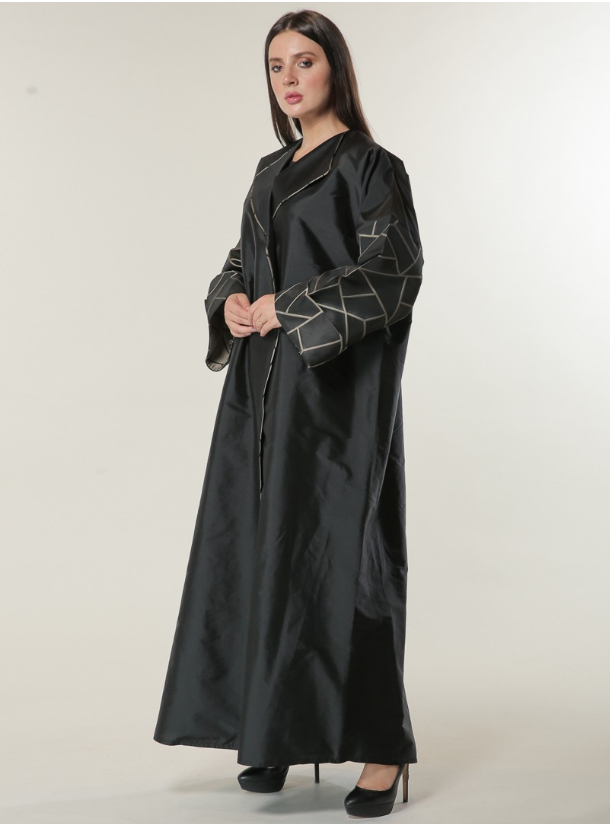 Black Coat Black coat-style abaya featuring a contrast jacquard sleeves ...