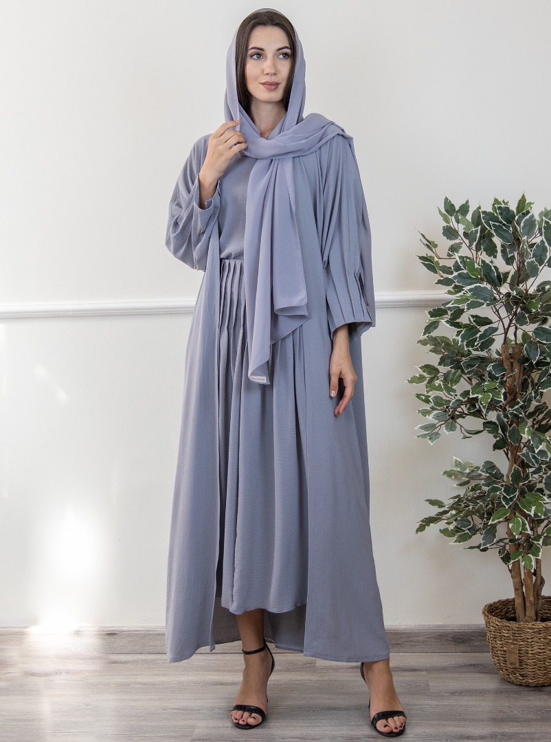 Light grey Set Light grey abaya set featuring pintucked details that includes a matching top ...