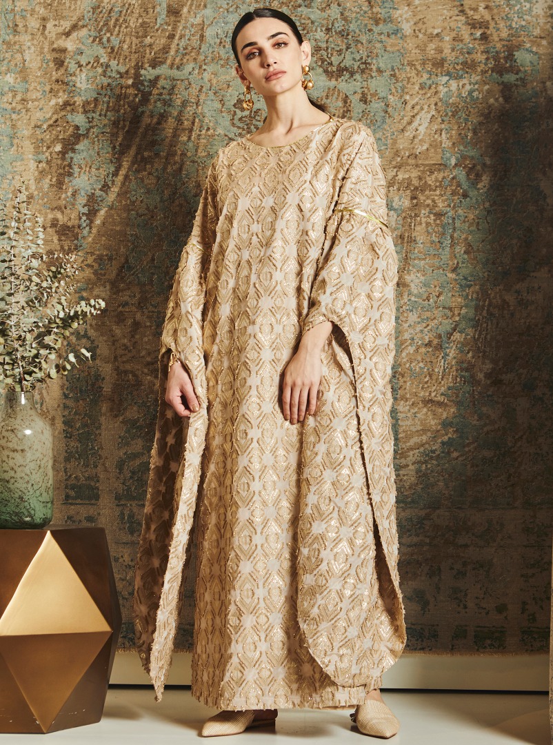 Golden Dreams Gold metallic light weight kaftan with oversized Medieval ...