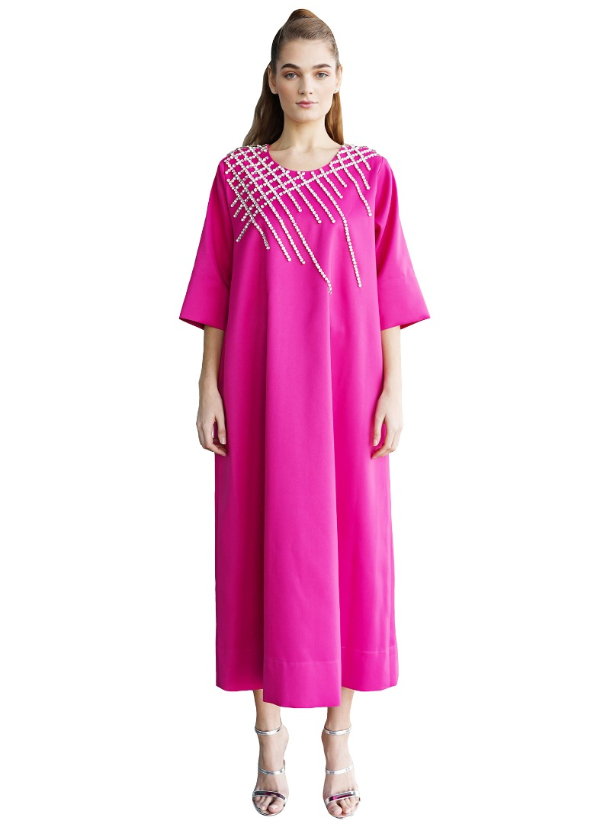 Spark Dress Pink loose-fit modest dress, adorned with crystal ...