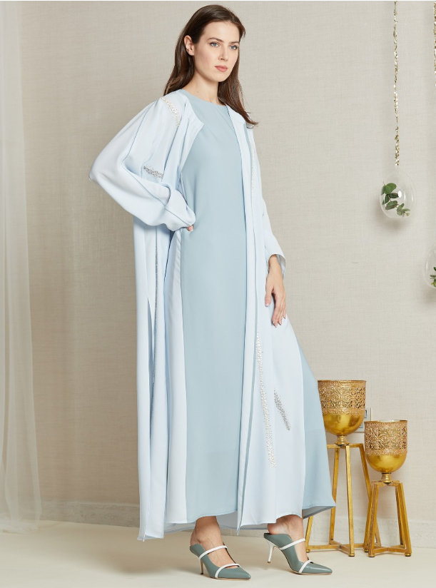 4432 Abaya Set 2-piece set featuring a pastel blue dainty embellished ...