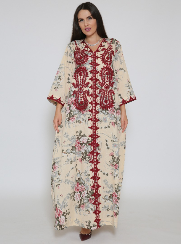 KD2782 Jalabiya Light yellow floral Kuwaiti jalabiya with contrast ...