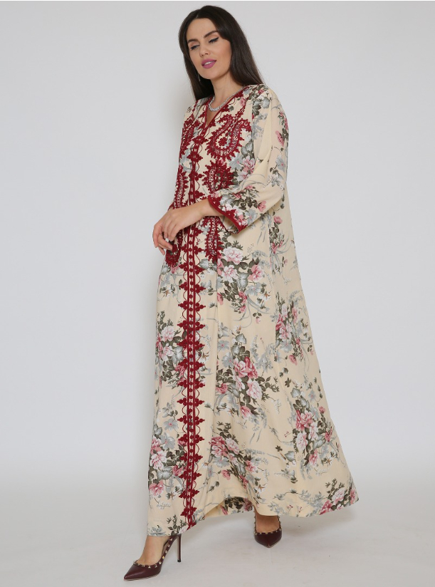 KD2782 Jalabiya Light yellow floral Kuwaiti jalabiya with contrast ...