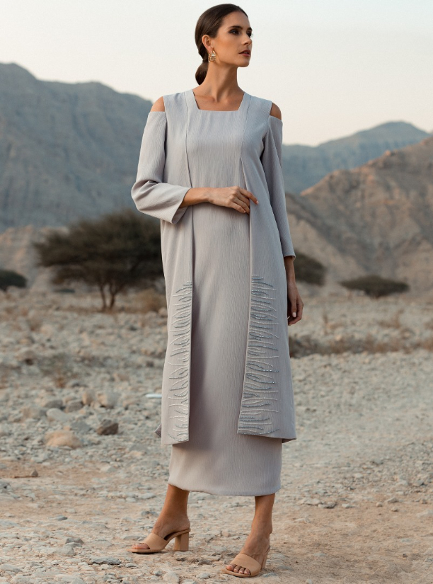 Zuri GREY DRESS WITH SIDE BEADED PANNEL Dresses from WA Dubai at Boksha
