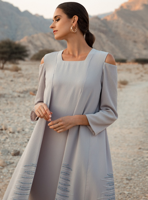 Zuri GREY DRESS WITH SIDE BEADED PANNEL Dresses from WA Dubai at Boksha