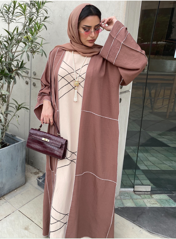 Two piece abaya Brown and beige dress two-piece abaya set, with black ...