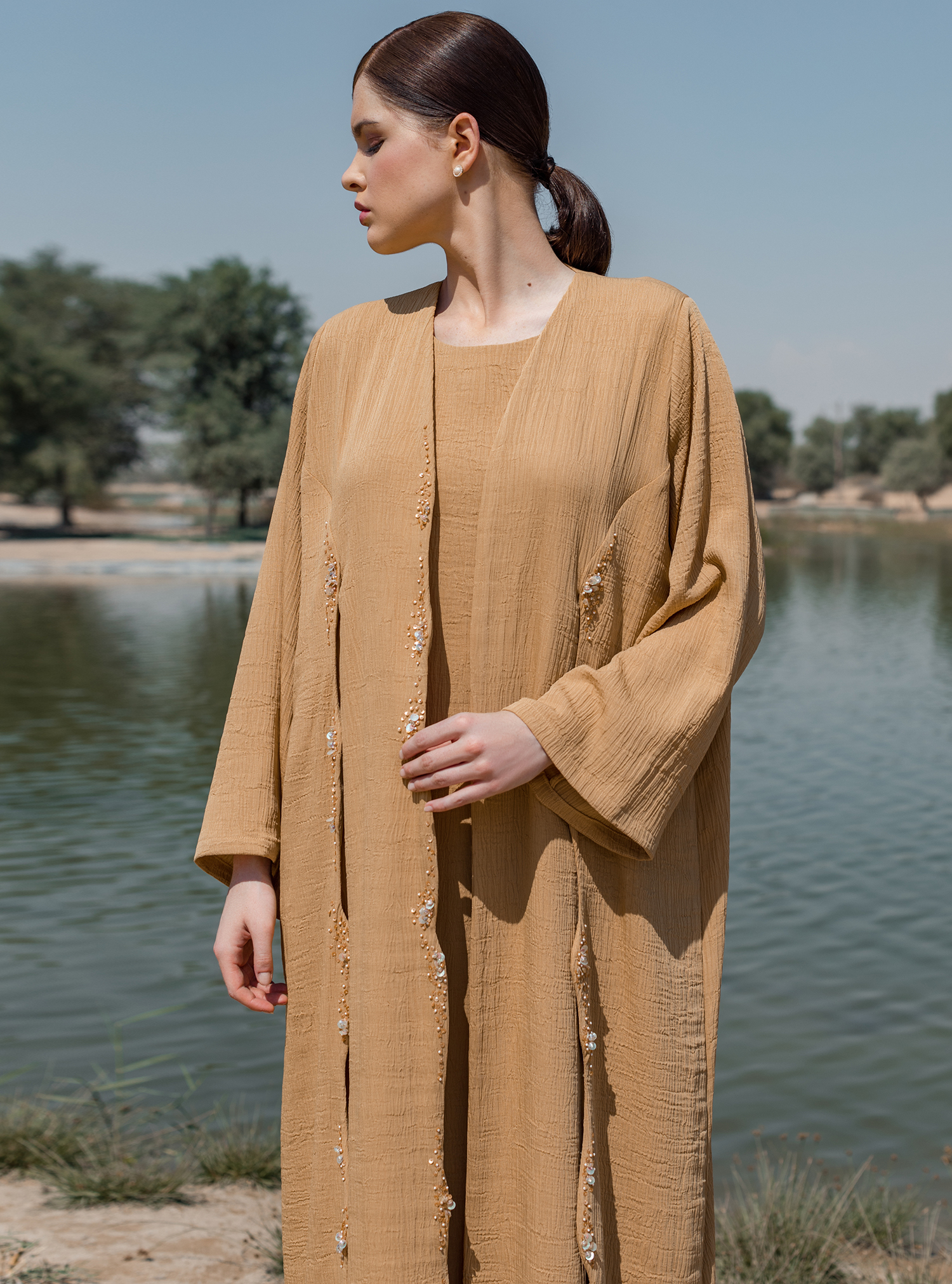 Monarch mustard yellow abaya with beaded pannel on front Abayas from WA ...