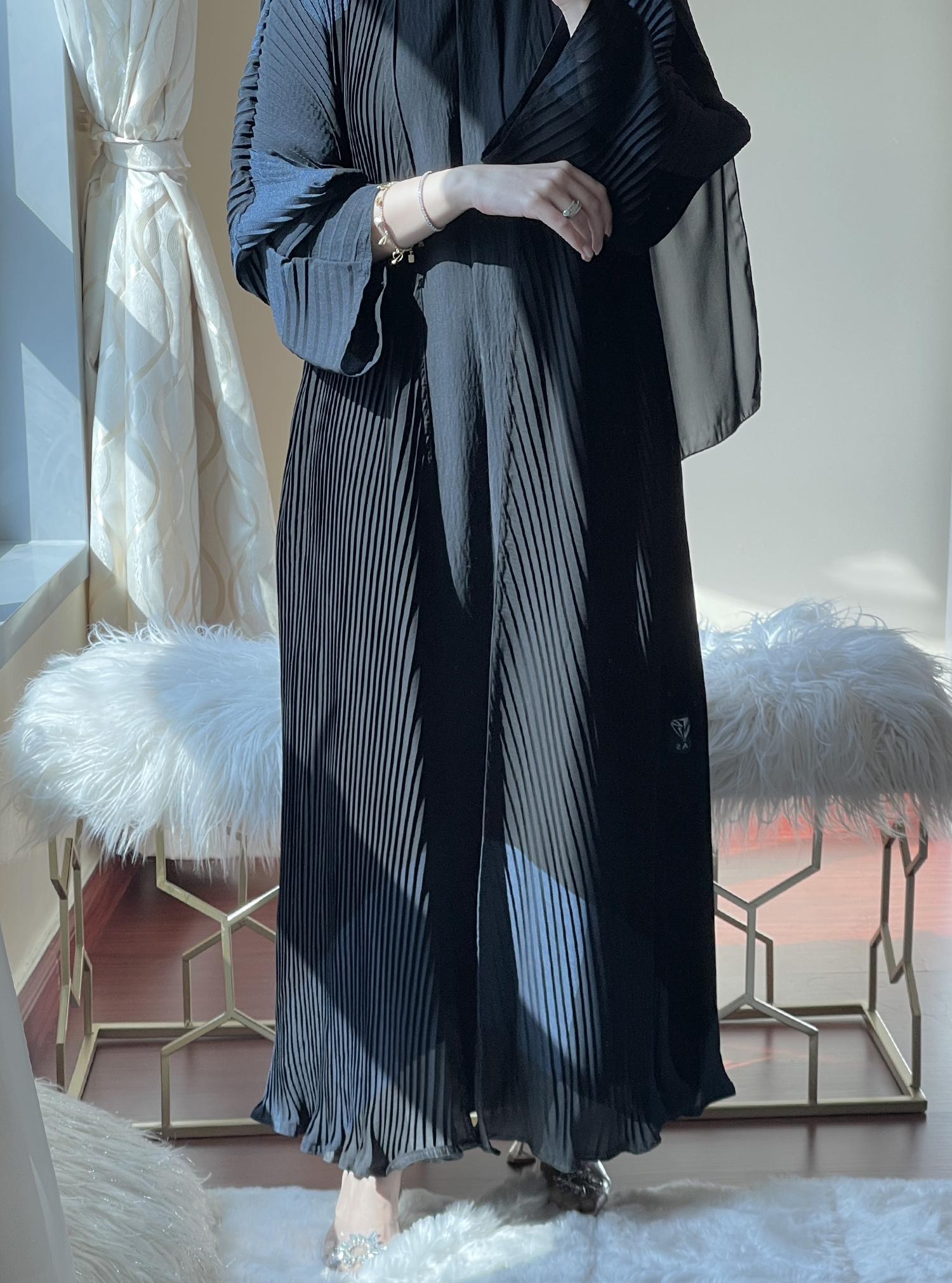 C-Pleated-Abaya Pleated black abaya with contrasting blue panels, black ...
