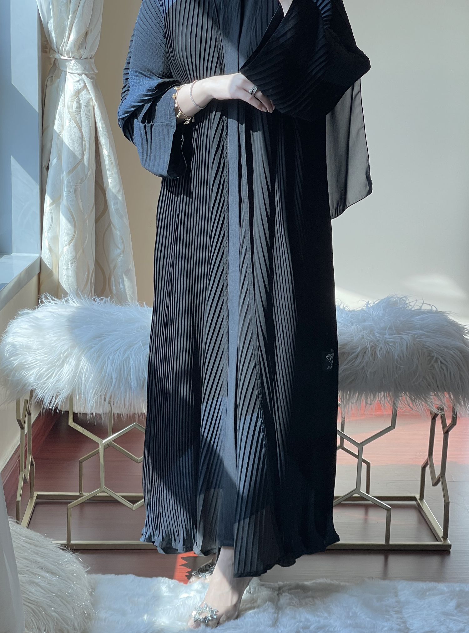 C-Pleated-Abaya Pleated black abaya with contrasting blue panels, black ...